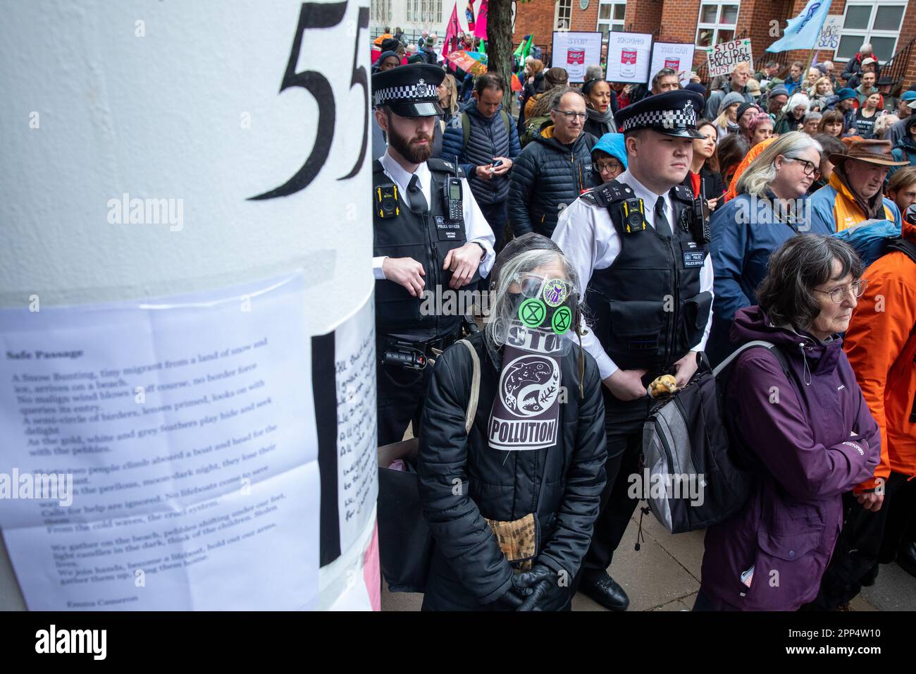 London, UK. 21st April, 2023. Climate activists listen to speeches at a ...