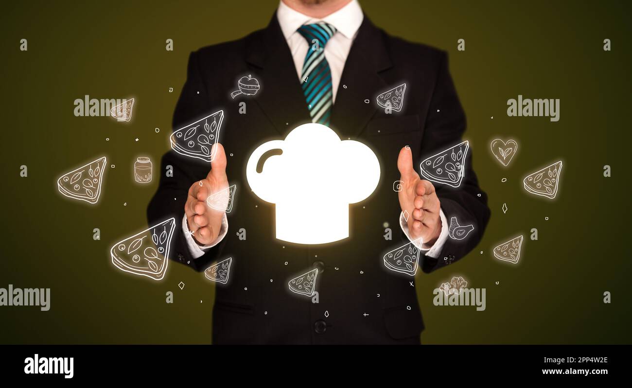 Hand holding food related icons Stock Photo - Alamy