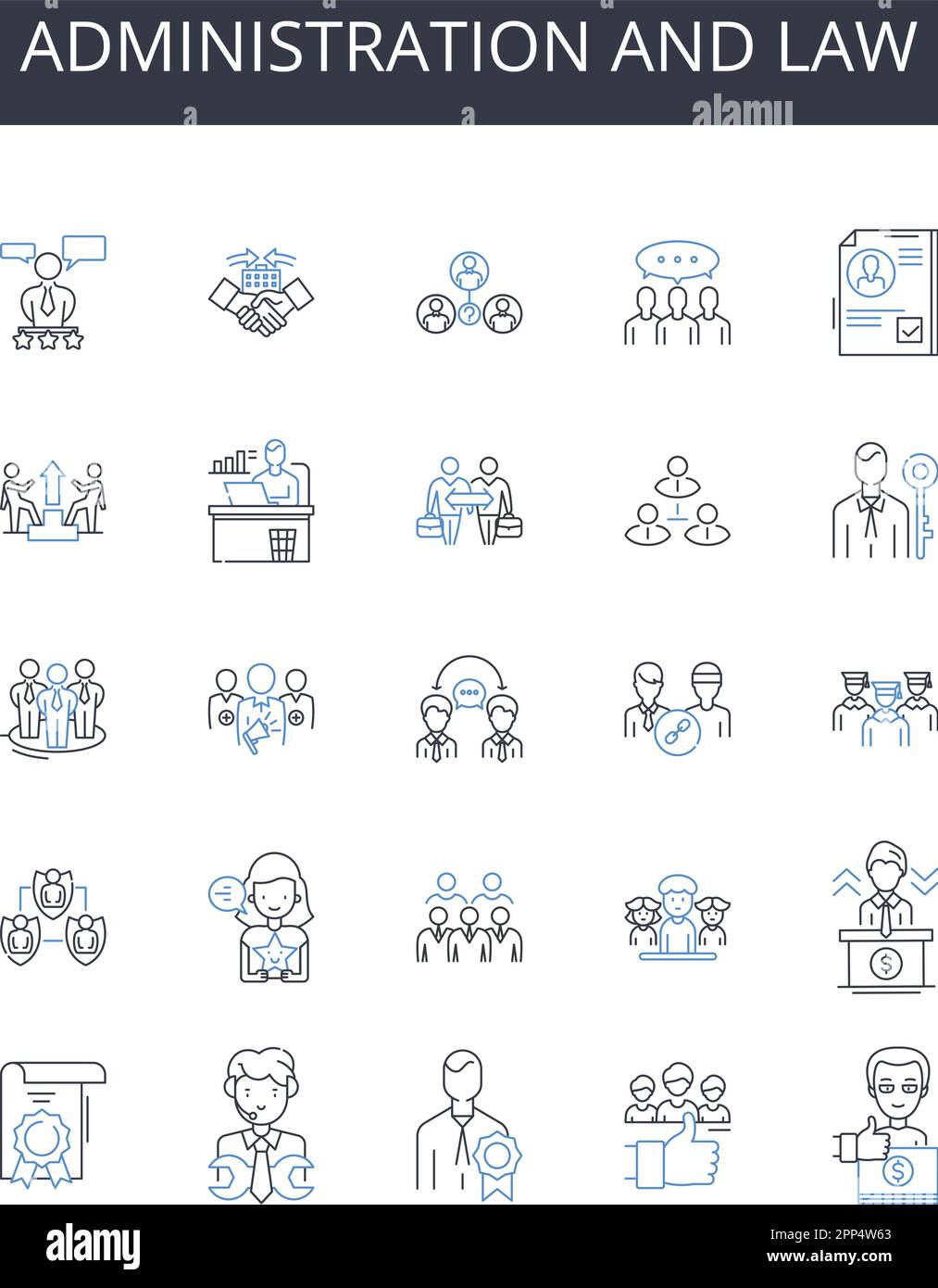 Administration and law line icons collection. Management, Governance, Regulation, Authority ...