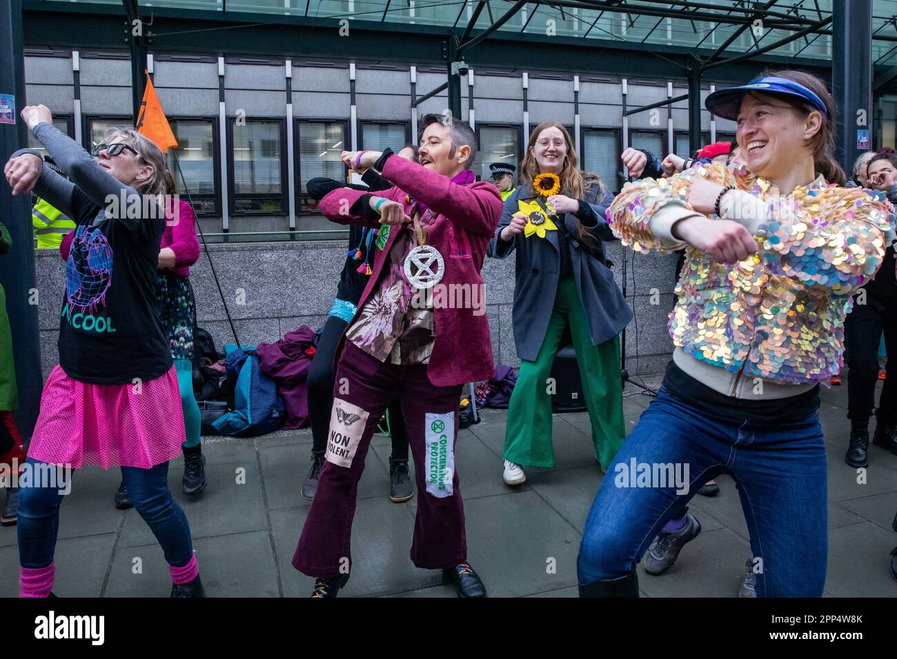 London, UK. 21st April, 2023. Climate activists dance at a People's ...