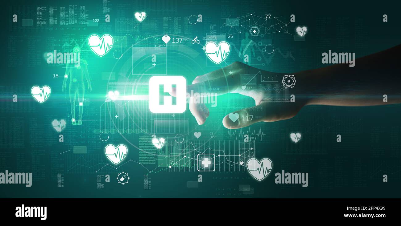 Doctor hand pressing futuristic health device with medical symbol on screen Stock Photo - Alamy