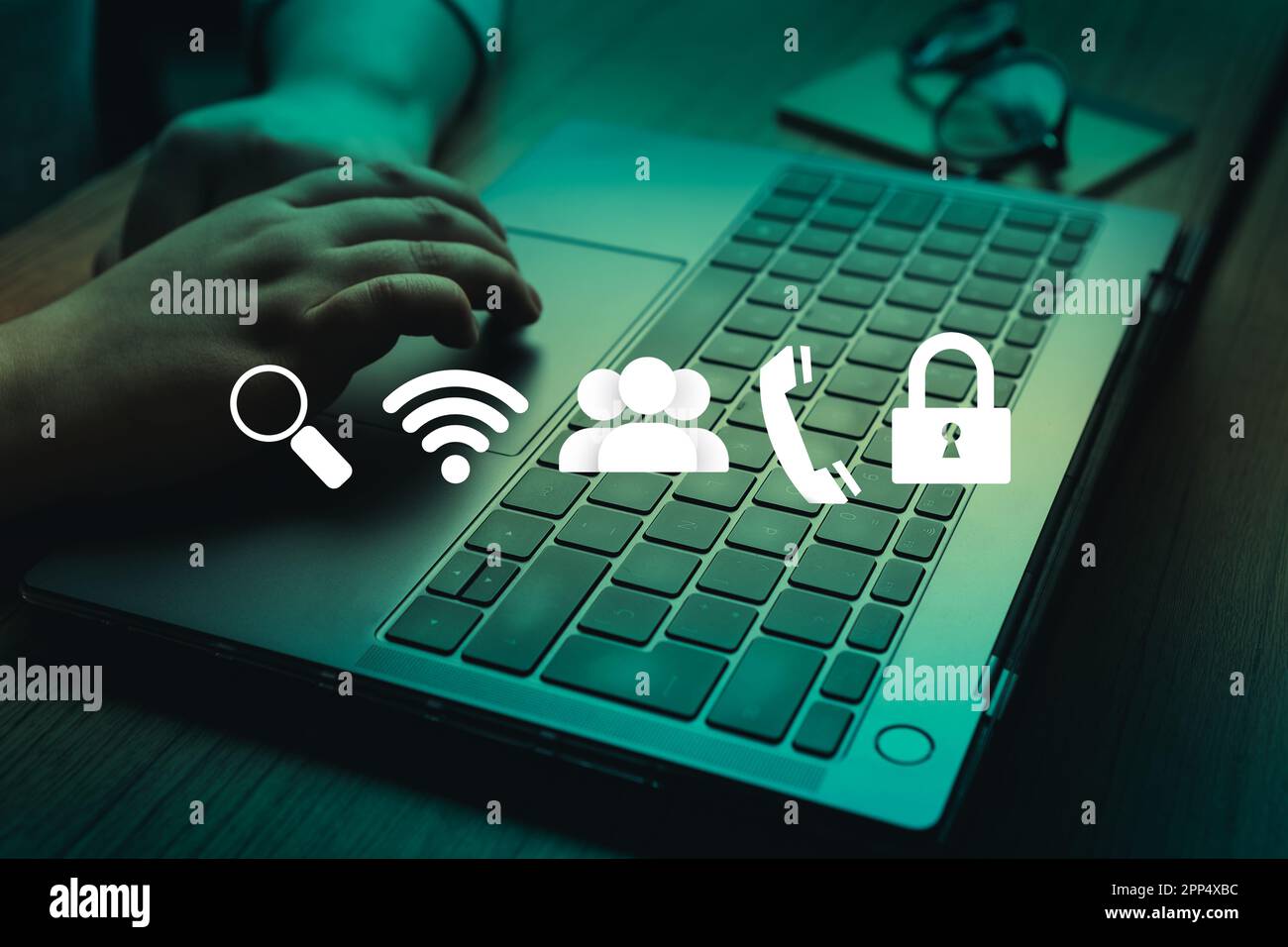 Woman using laptop with customer support interface and copy space ...