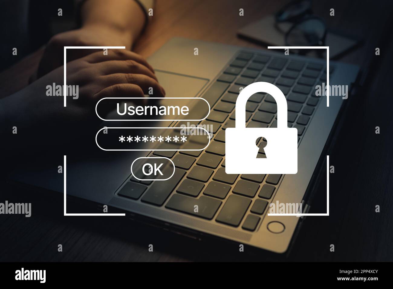 Woman using laptop with VR interface of secure access to user's personal information. Sign in or ...