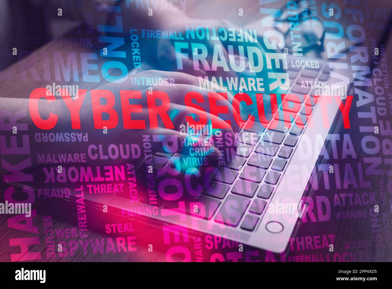 Woman using laptop with colorful VR cyber security interface. Cyber ...