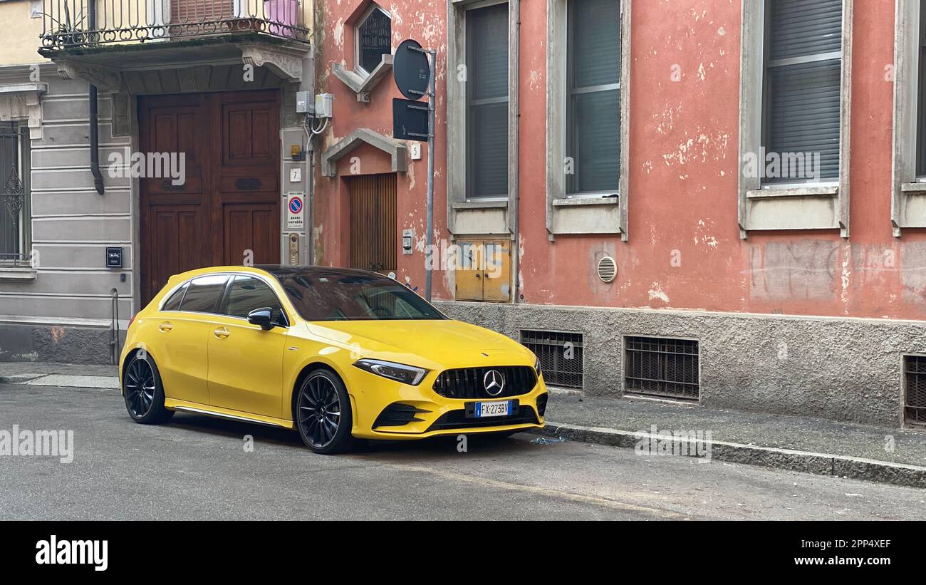 Cremona, Italy - April 2023 Mercedes Benz A class AMG yellow german ...