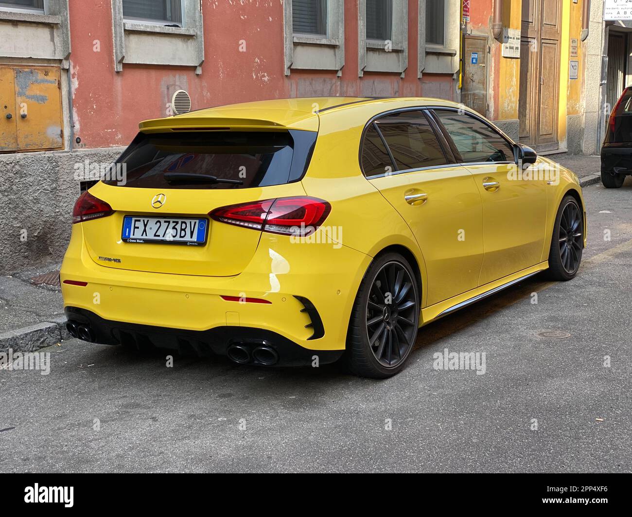 Cremona, Italy - April 2023 Mercedes Benz A class AMG yellow german ...
