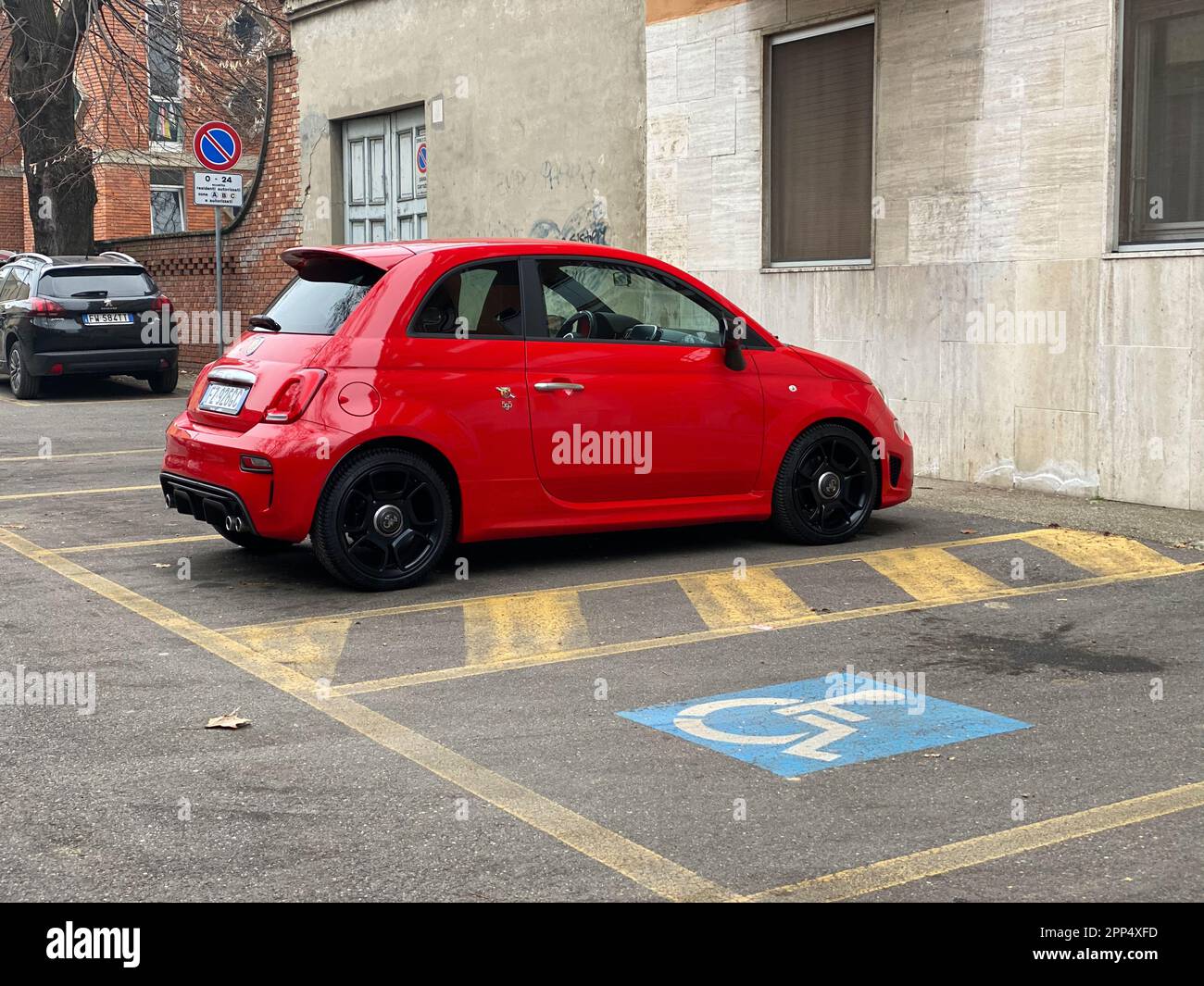 Cremona, Italy - April 2023 red Fiat 595 Abarth sport compact city car ...