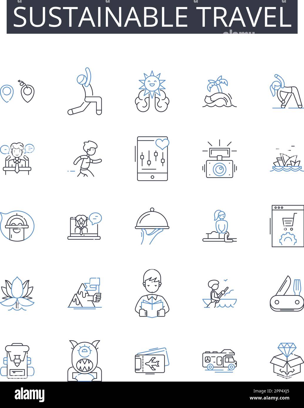 Sustainable travel line icons collection. Eco-friendly tourism ...