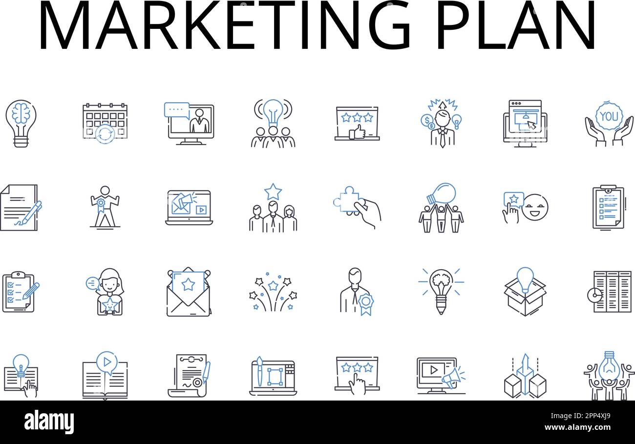 Marketing plan line icons collection. Sales pitch, Advertising scheme ...