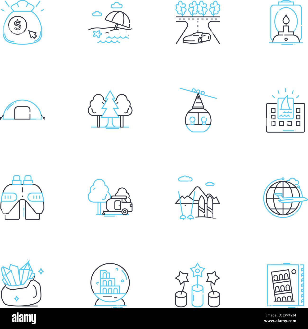 Getaway weekend linear icons set. Retreat, Escapade, Adventure ...