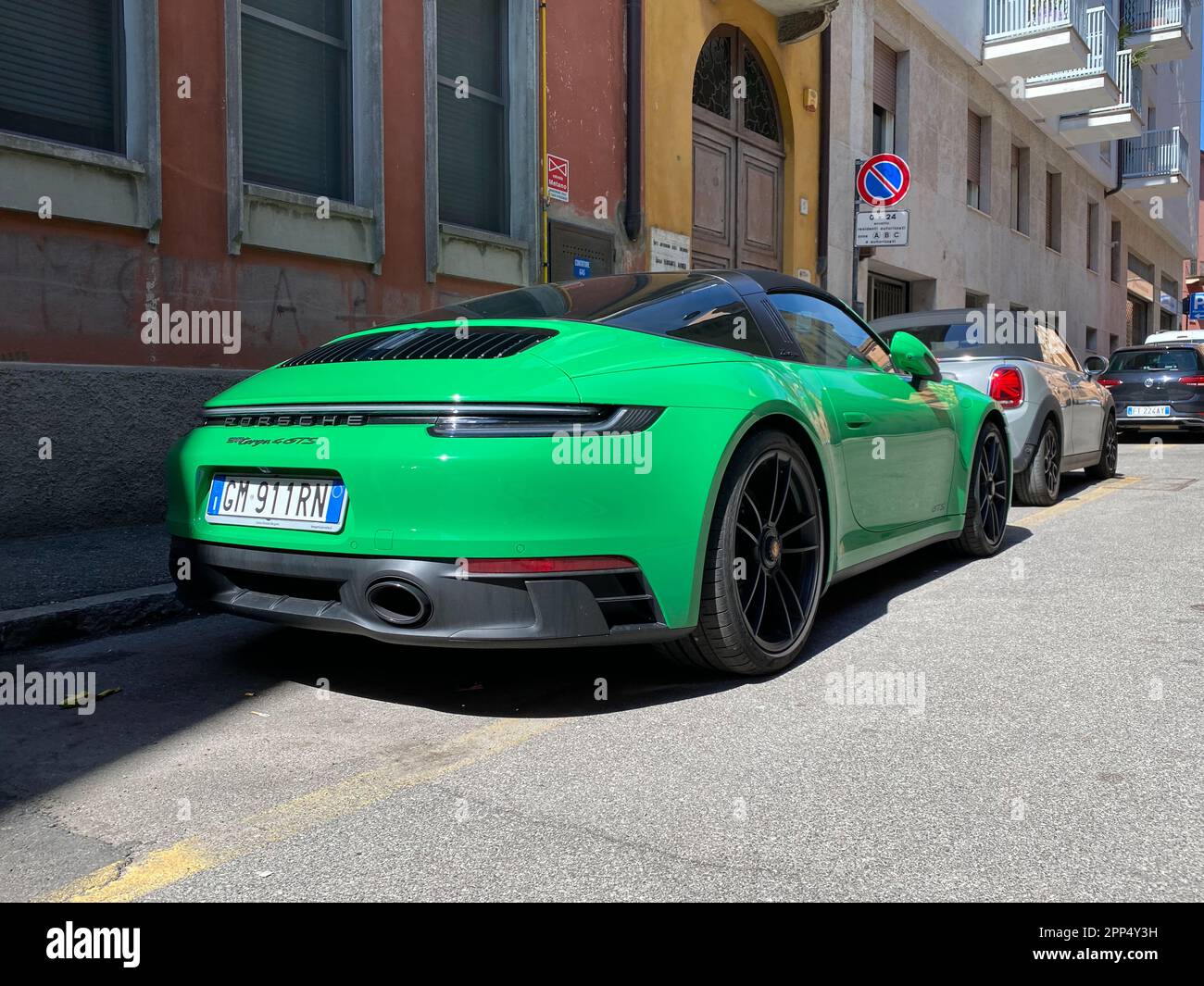 Cremona, Italy - April 2023 green Porsche Targa 911 4 GTS coupe ...
