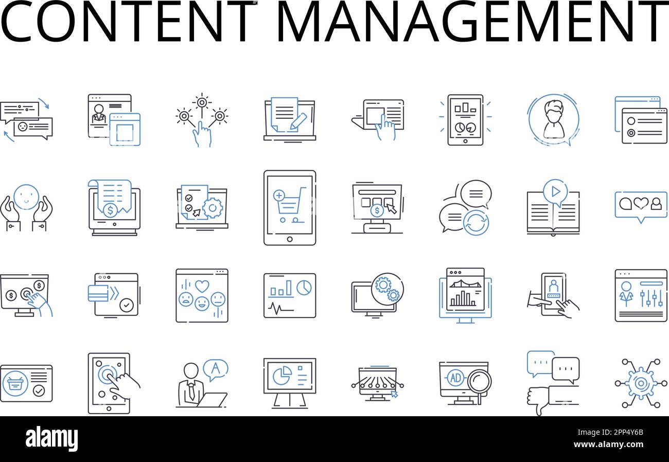 Content management line icons collection. Social media, Project ...