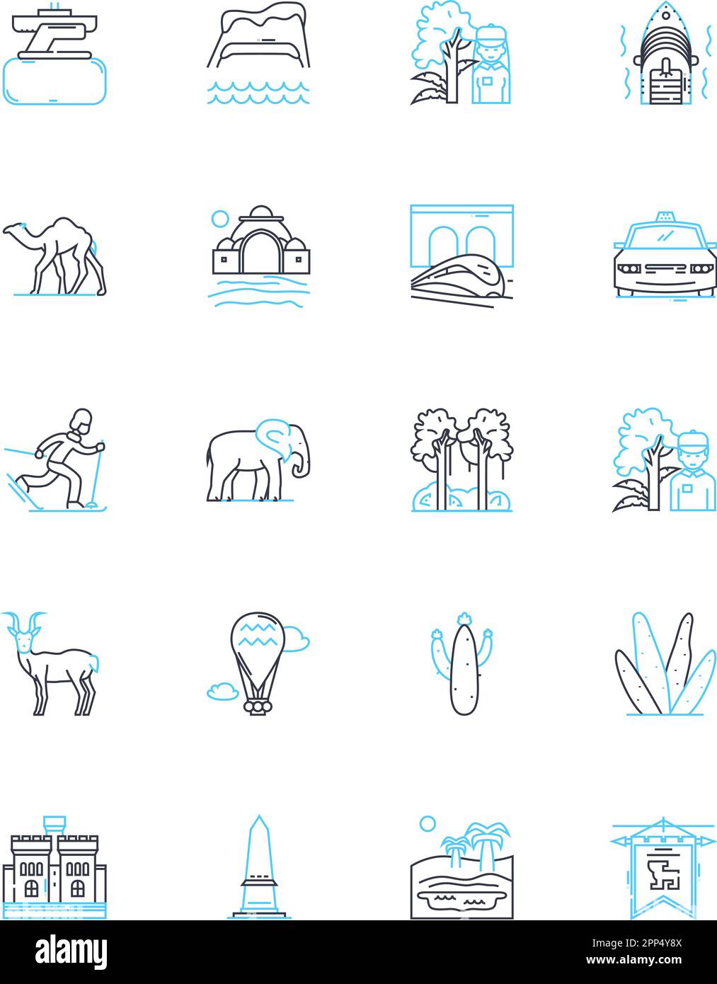 Trek linear icons set. Adventure, Exploration, Mountains, Excitement ...