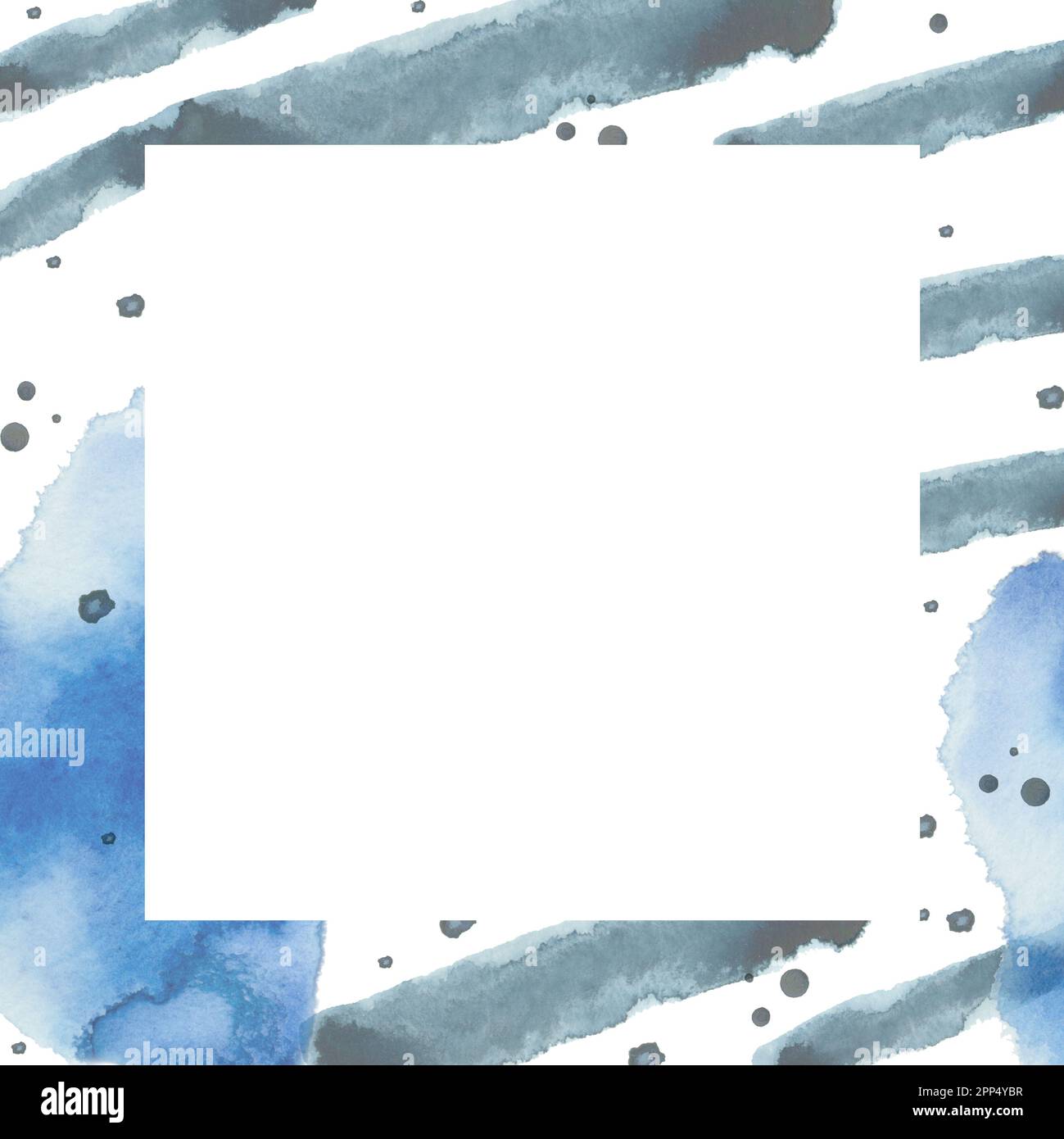 Square frame. Watercolor splashes, stripes, spots of blue and blue on a ...