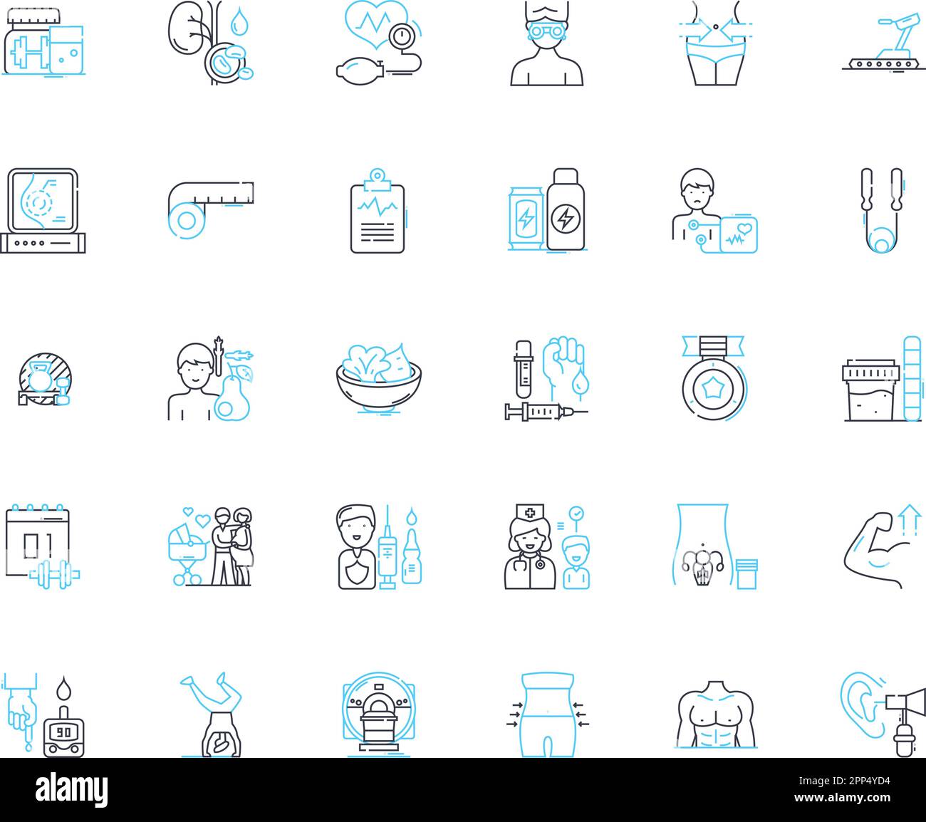 Body fitness linear icons set. Strength, Flexibility, Endurance ...