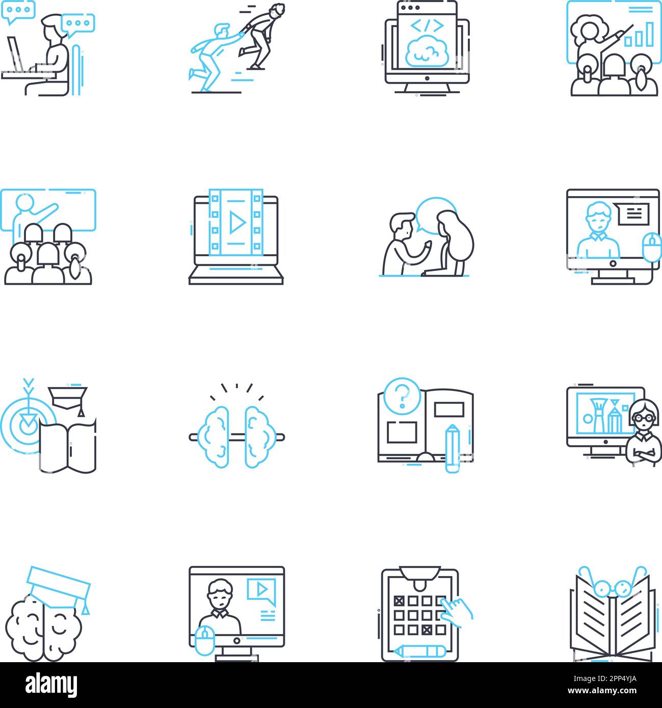 E-learning linear icons set. Digital, Accessible, Interactive, Innovative, Adaptive, Engaging ...