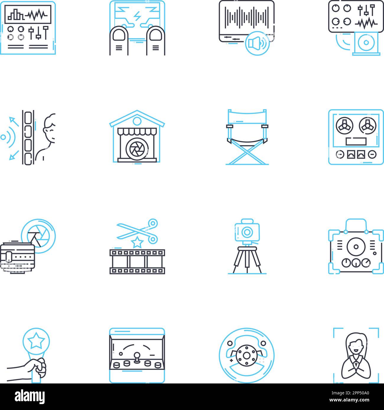 Sound recording linear icons set. Audio, Microph, Amplifier, Studio ...