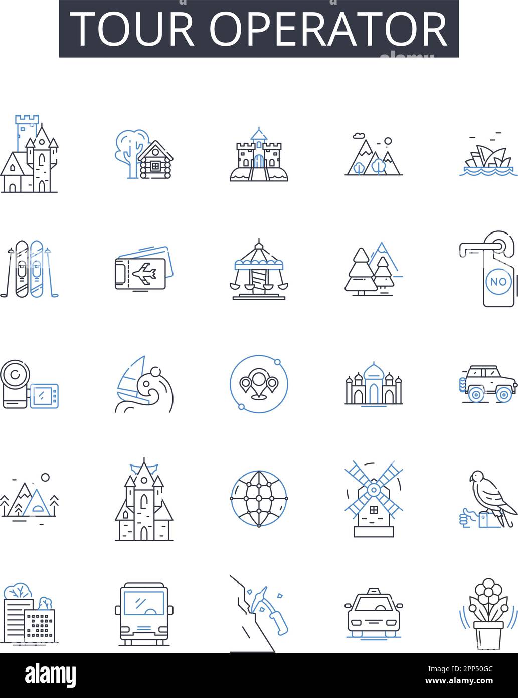 Tour operator line icons collection. Travel agency, Vacation planner ...