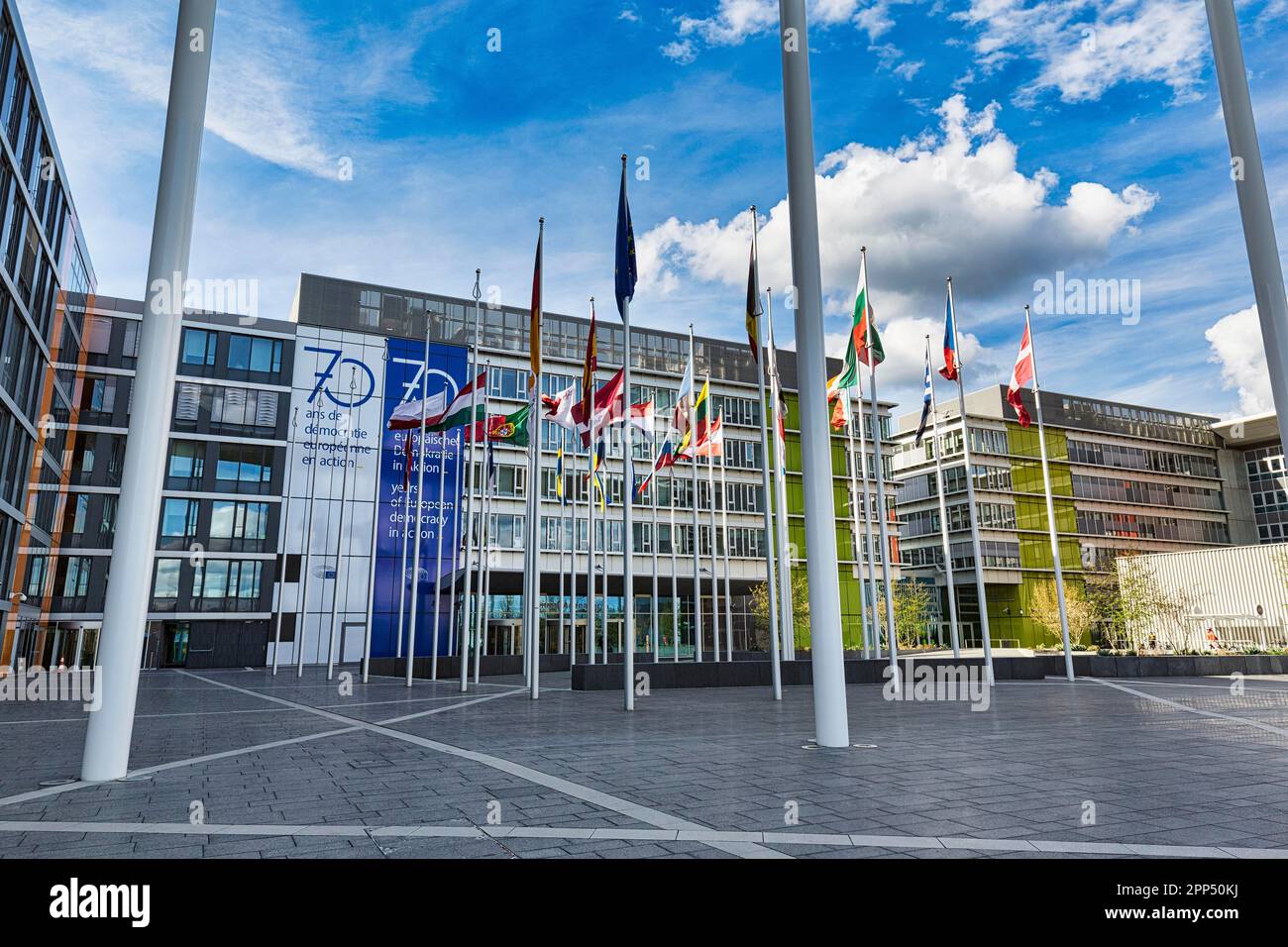 Konrad Adenauer Complex, European Parliament, EU Parliament with flags ...