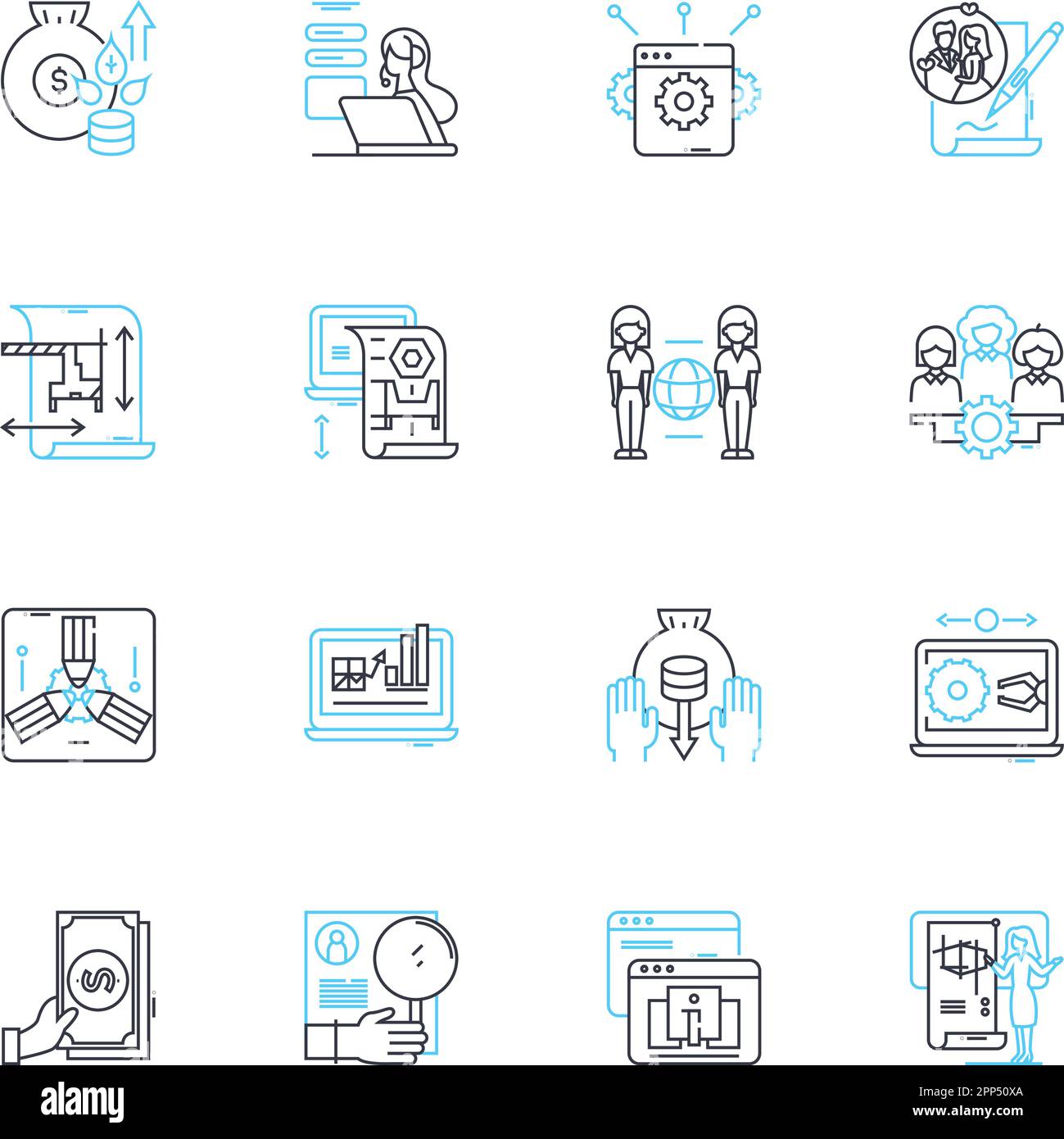 Business sector linear icons set. Innovation, Entrepreneurship ...