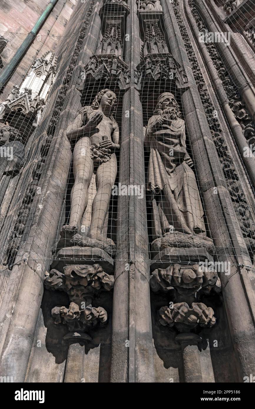 Sculptures of Eve and a prophet on the main portal of the Lorenzkirche ...