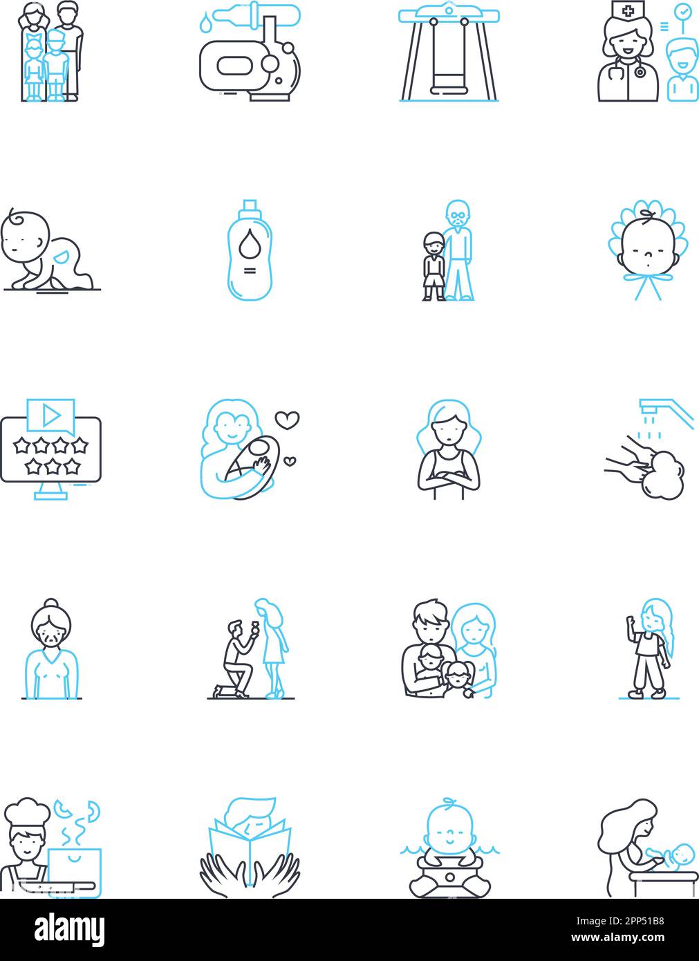 Infant linear icons set. Cooing, Diapers, Pacifier, Giggles, Milk ...