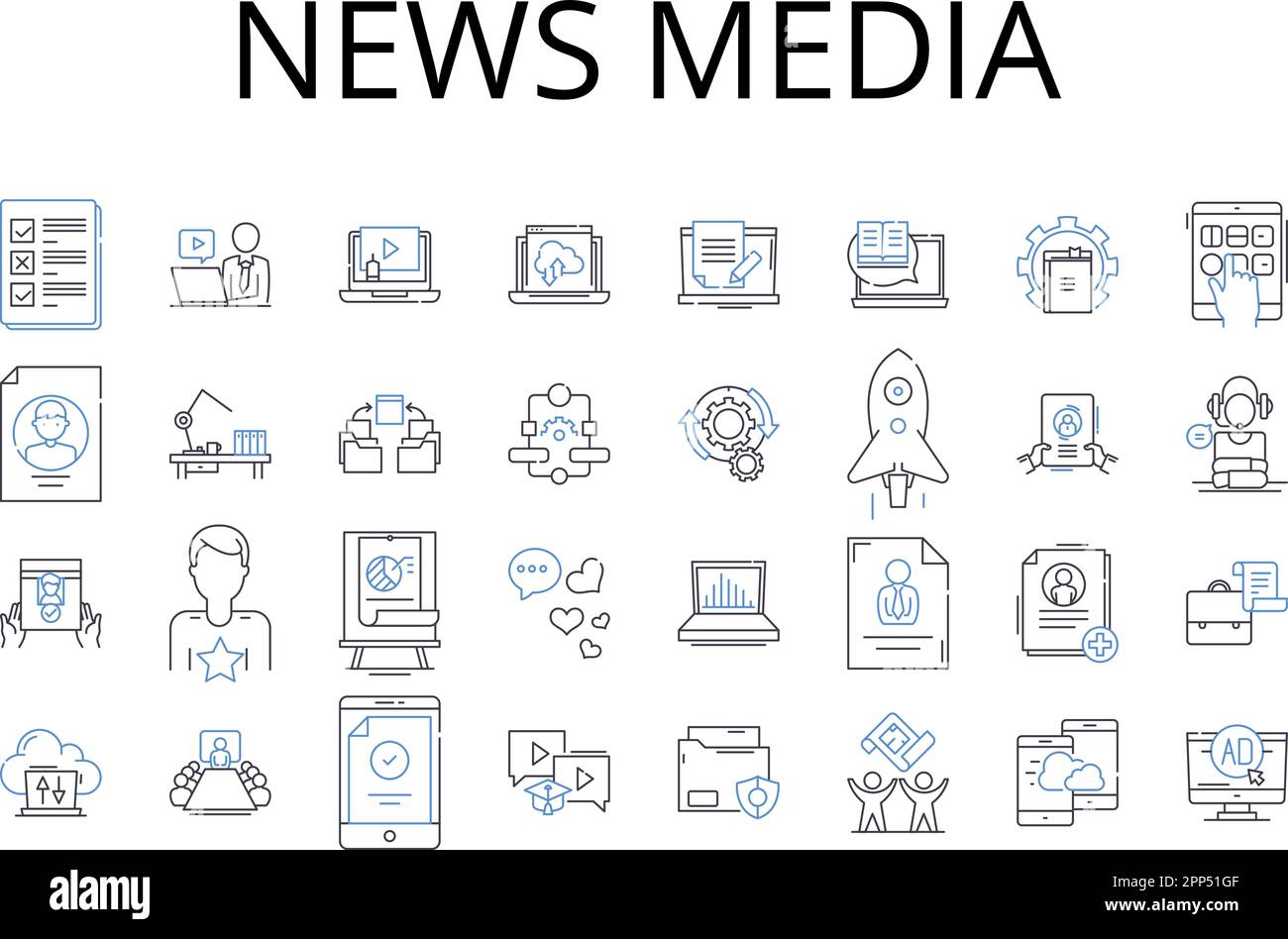 news media line icons collection. Television broadcasting, Print journalism, Web journalism ...