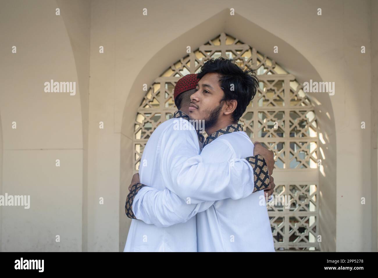 Dhaka, Bangladesh. 22nd Apr, 2023. Muslims exchange greetings after performing Eid al-Fitr ...