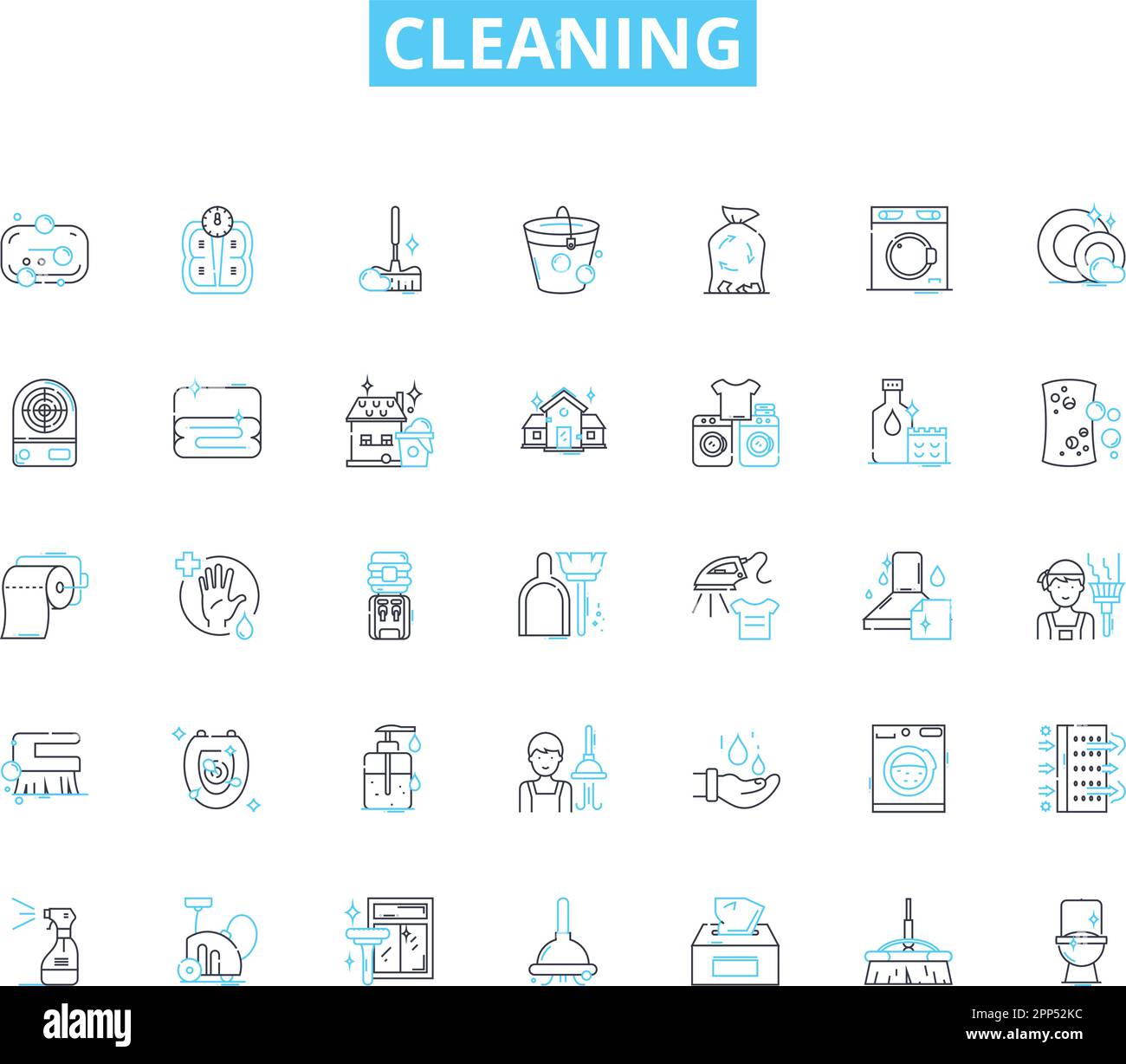 Cleaning linear icons set. Scrubbing, Polishing, Dusting, Sweeping ...