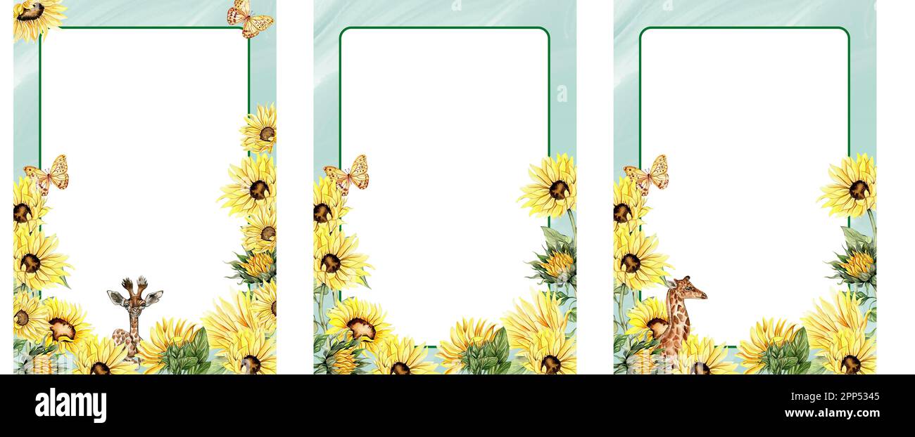 Watercolor hand drawn spring garden full of sunflowers square frame set ...