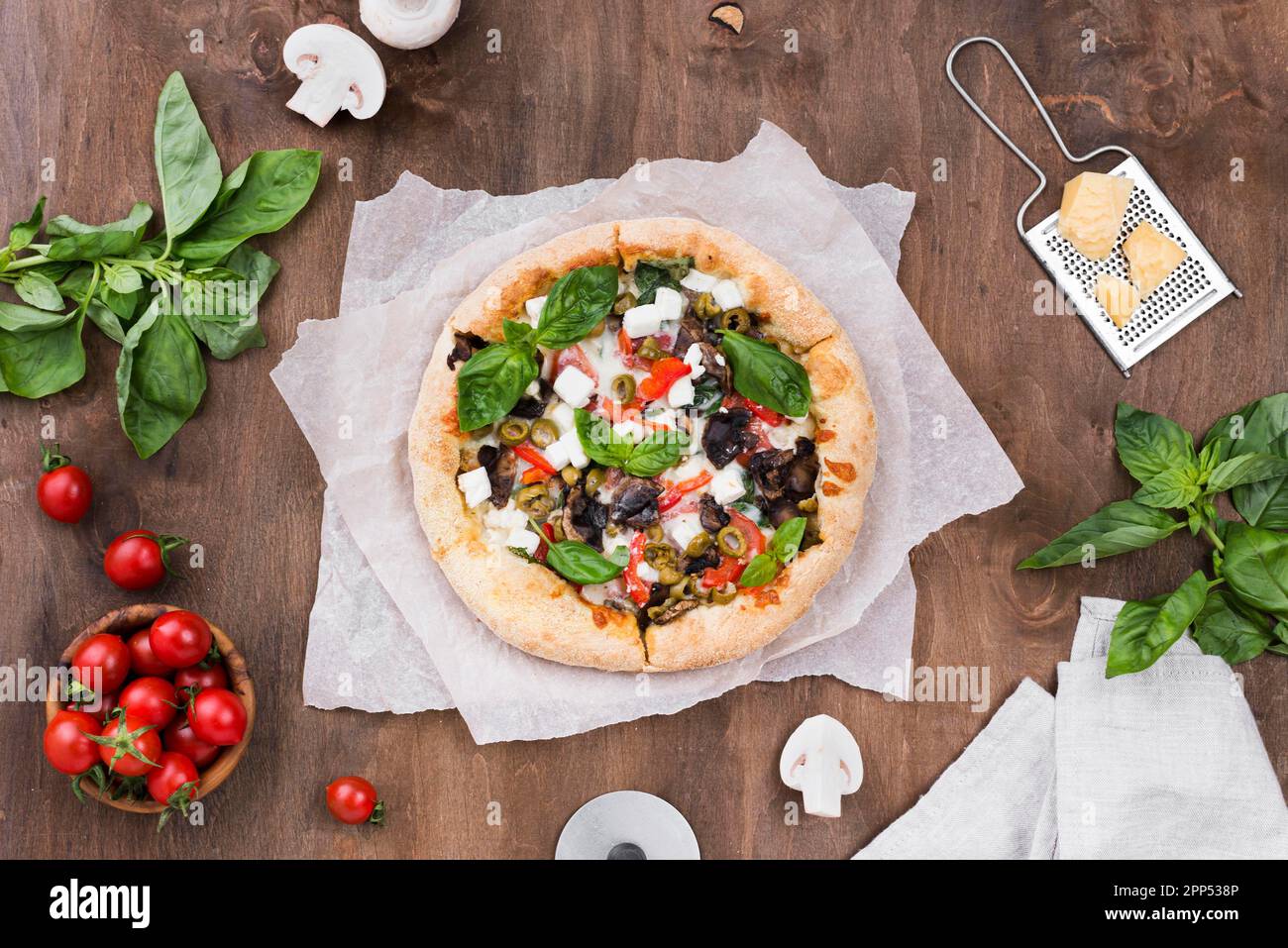 Top view arrangement with pizza Stock Photo - Alamy