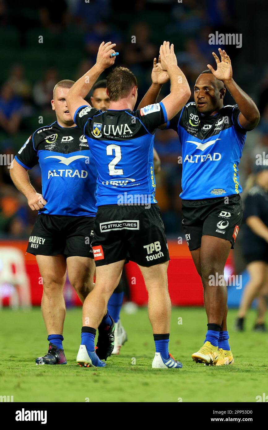 Manasa Mataele of the Force and Tom Horton of the Force celebrate a try ...