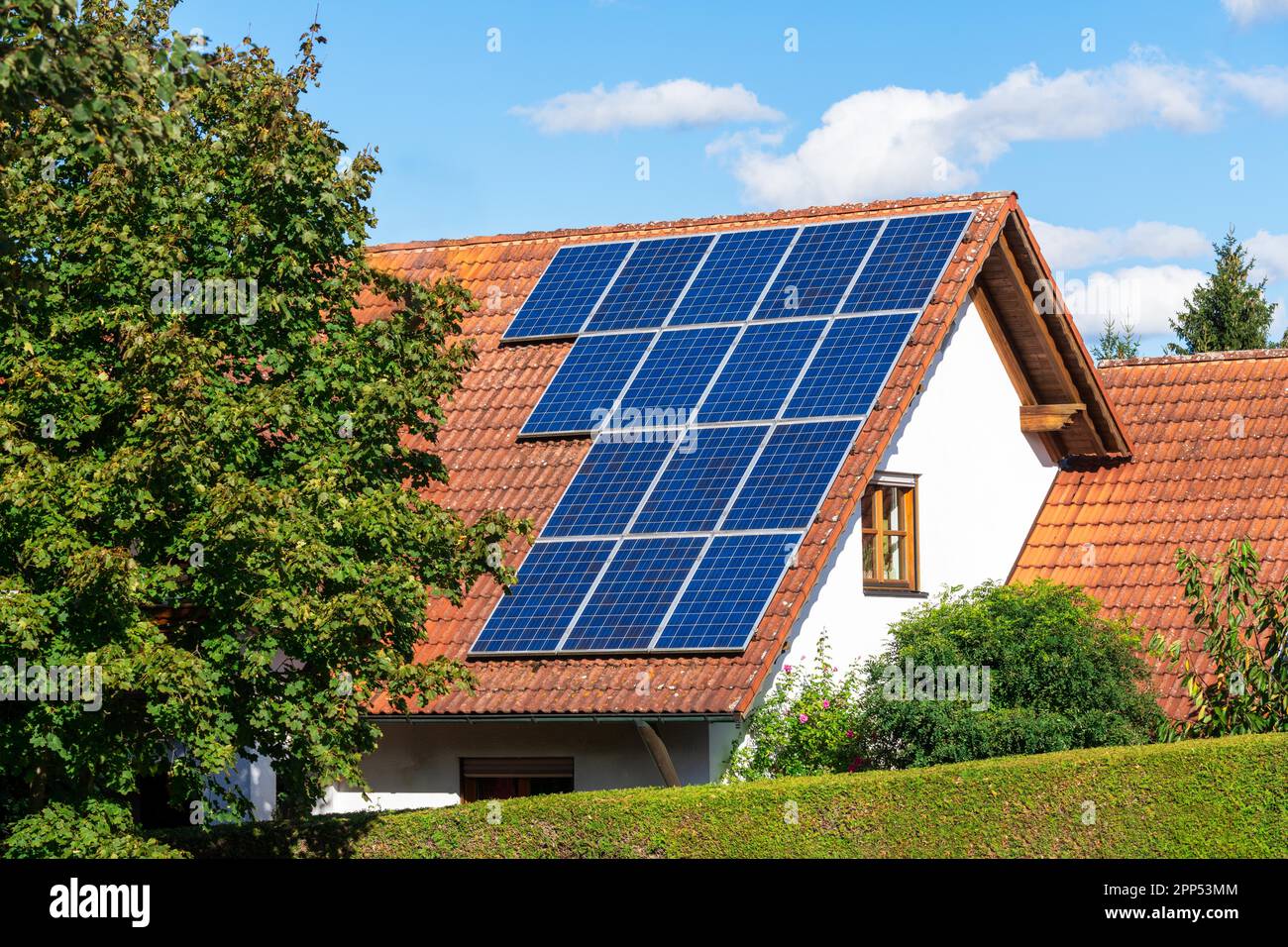 Generic modern house with photovoltaic solar cells on the roof for ...