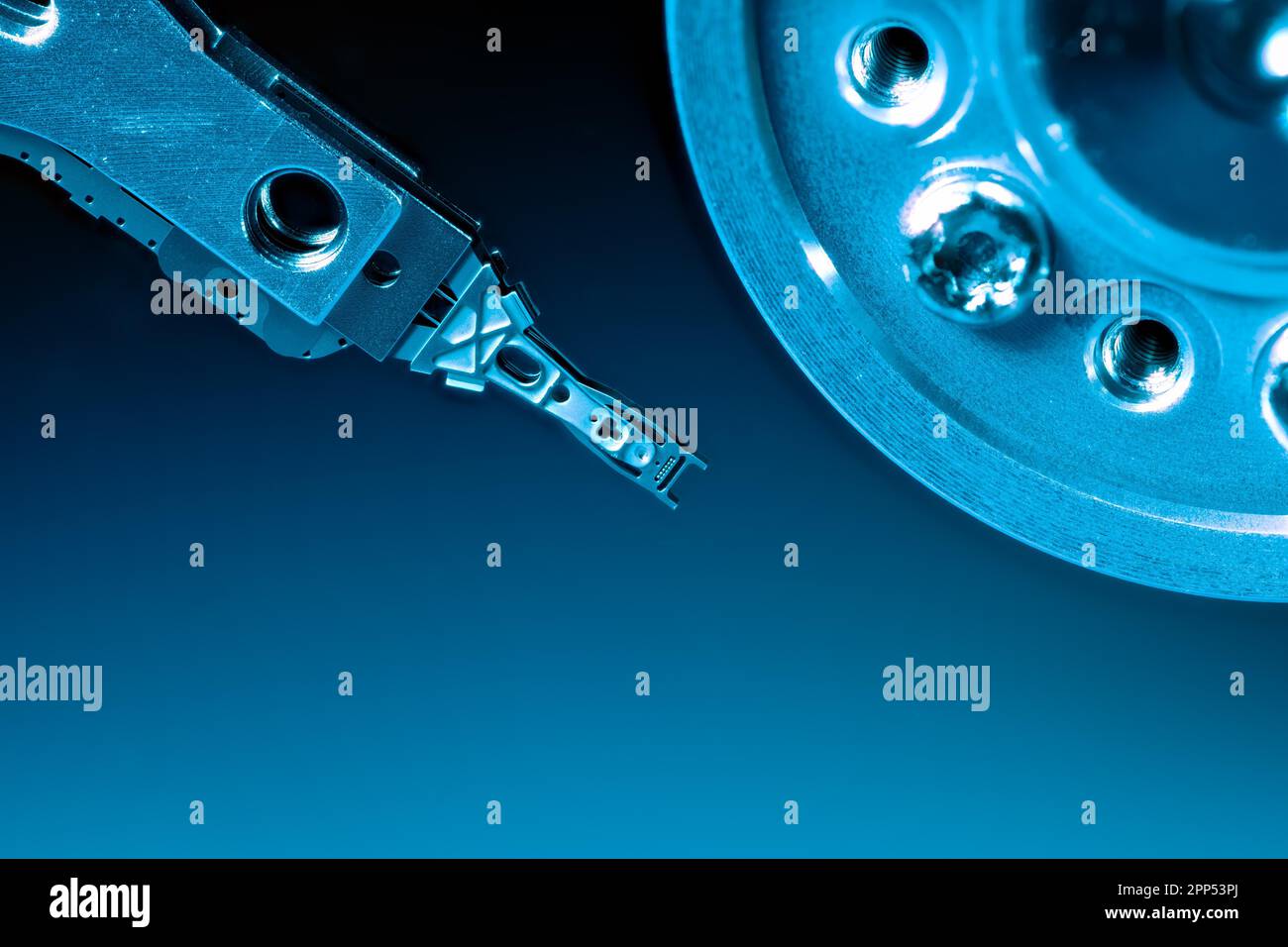 Macro of an open computer hard drive with the read write head Stock ...