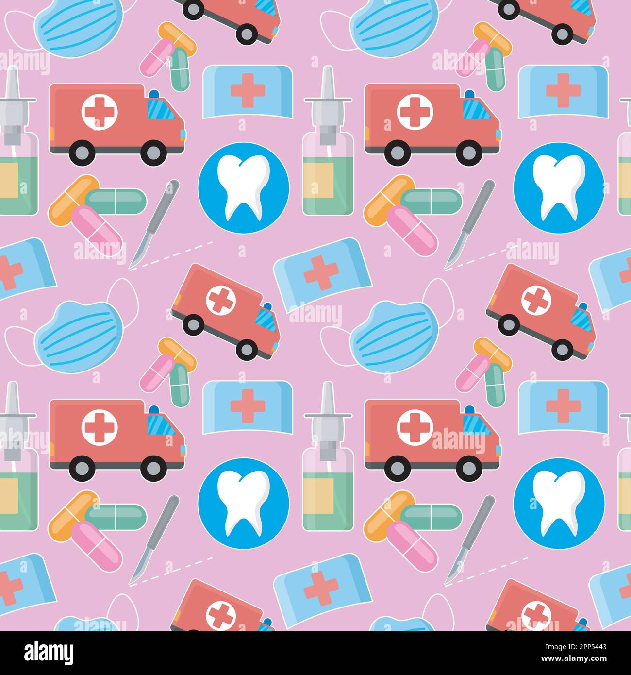 color medical pattern with elements of pills, ambulance, scalpel, nose ...