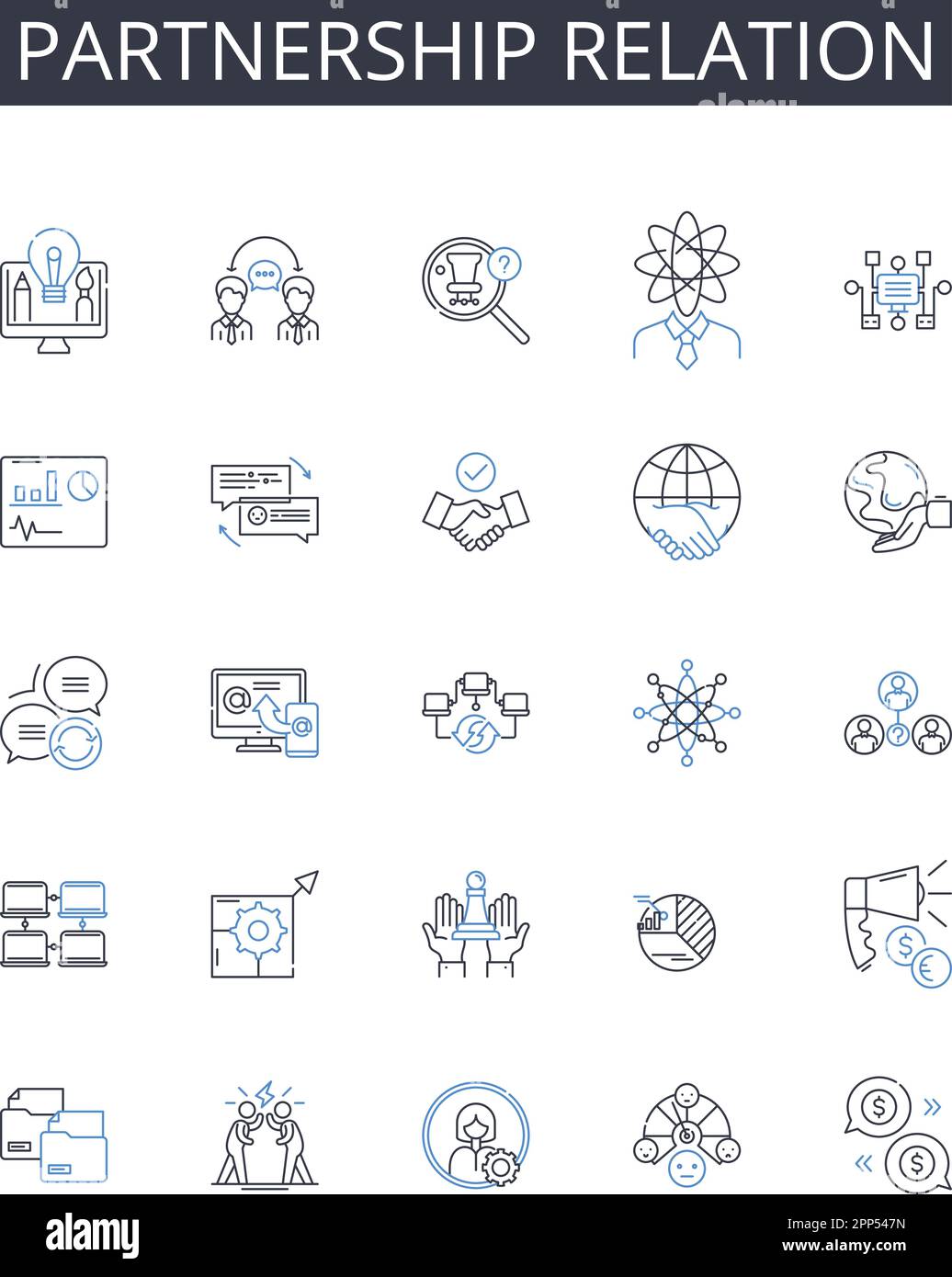 Partnership relation line icons collection. Love affair, Mutual respect, Working together ...