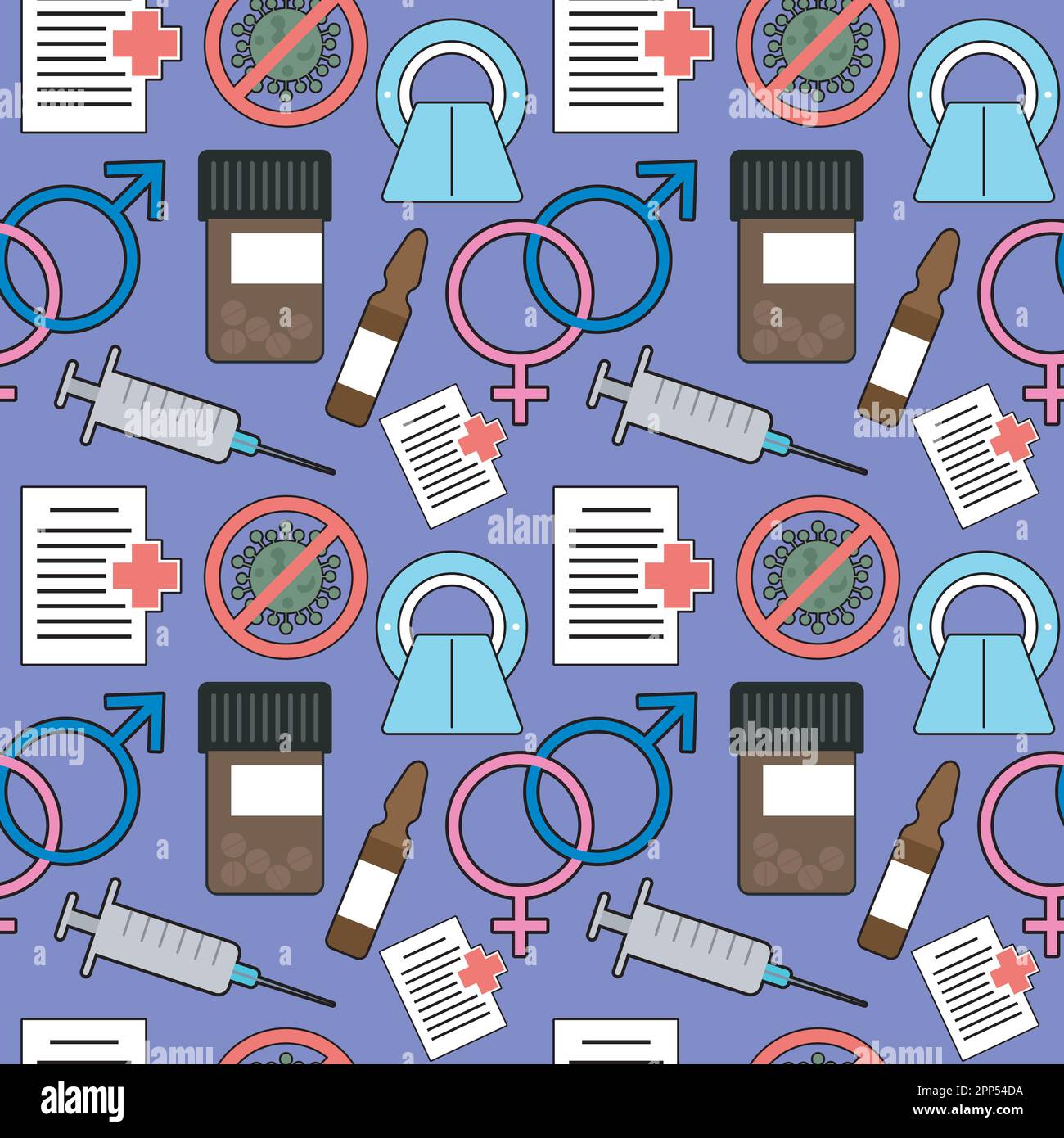 pattern with color medical elements of syringe, pills, recipe, mrt ...