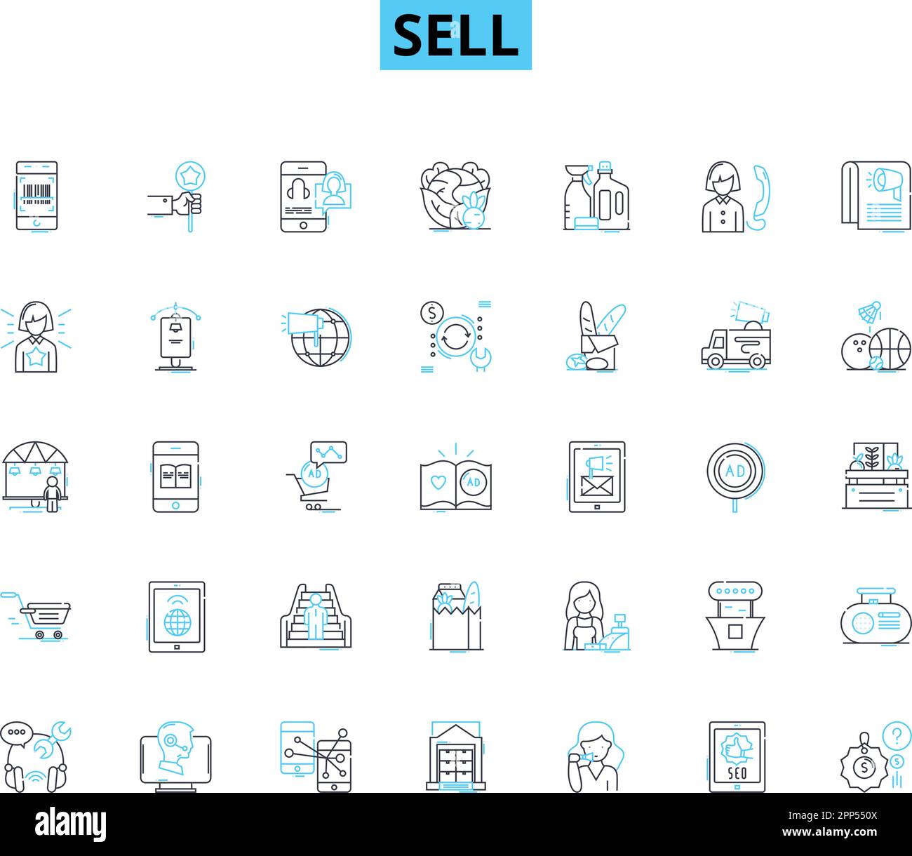 Sell linear icons set. Market, Auction, Distribute, Offer, Vend, Move ...