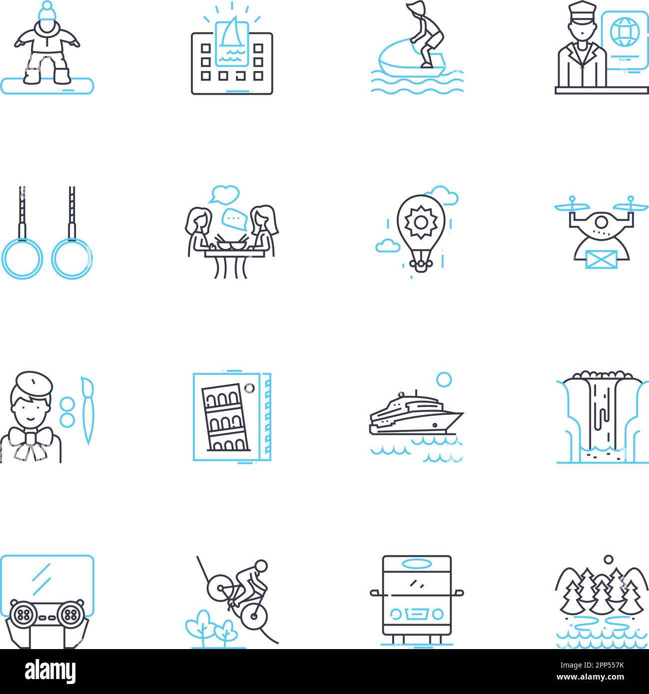 Outdoor excursion linear icons set. Hike, Camp, Kayak, Explore, Trek ...