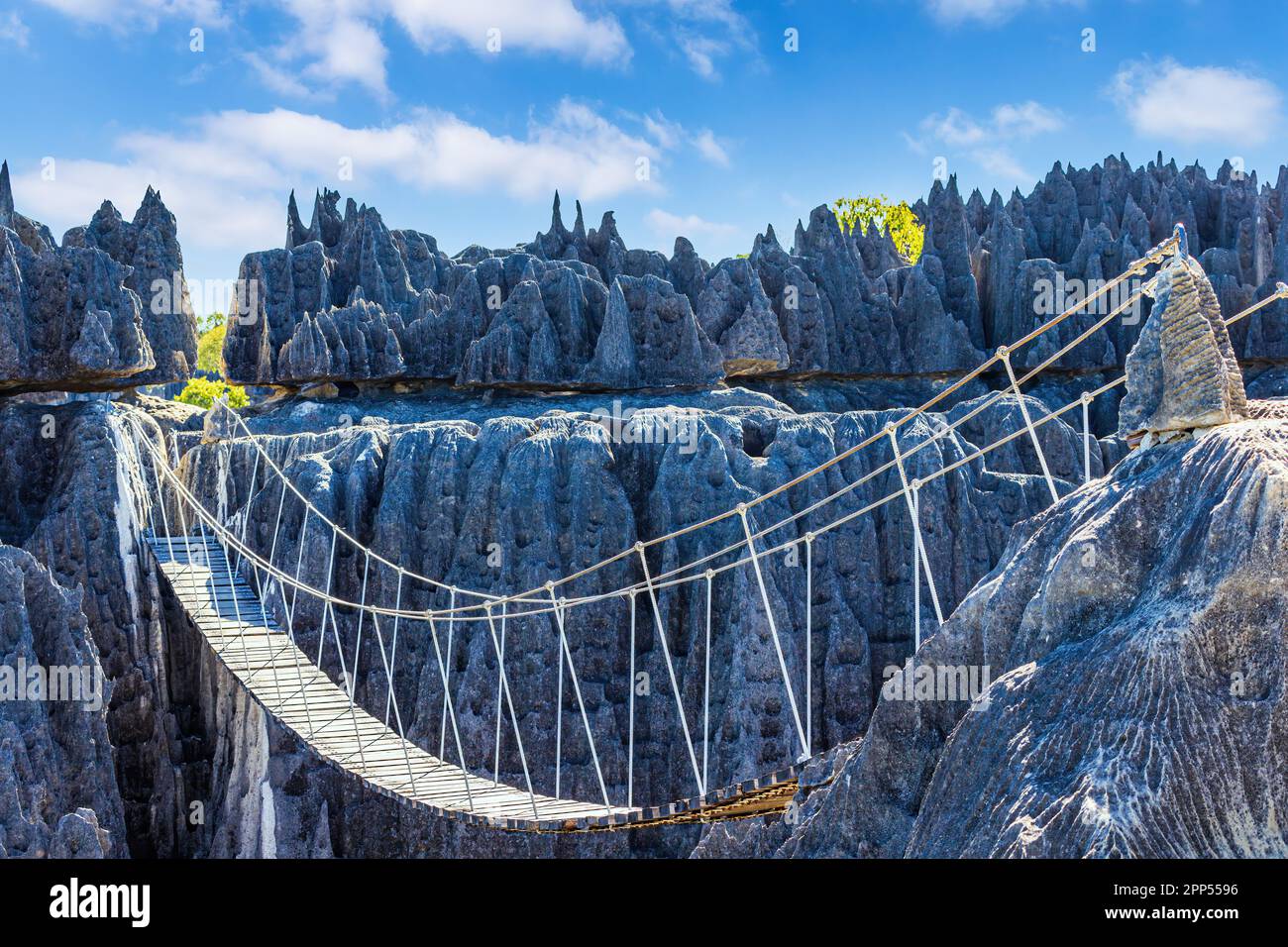 Steel rope bridge spanning gorge between limestone rock formations ...