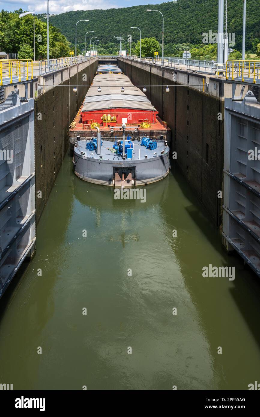 Barge in a ship lift with open gates Stock Photo - Alamy