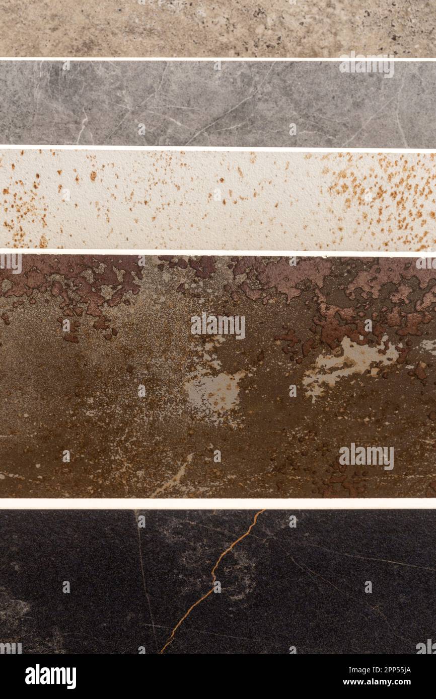 Samples of a ceramic tile in shop. Colored samples of ceramic tiles for ...