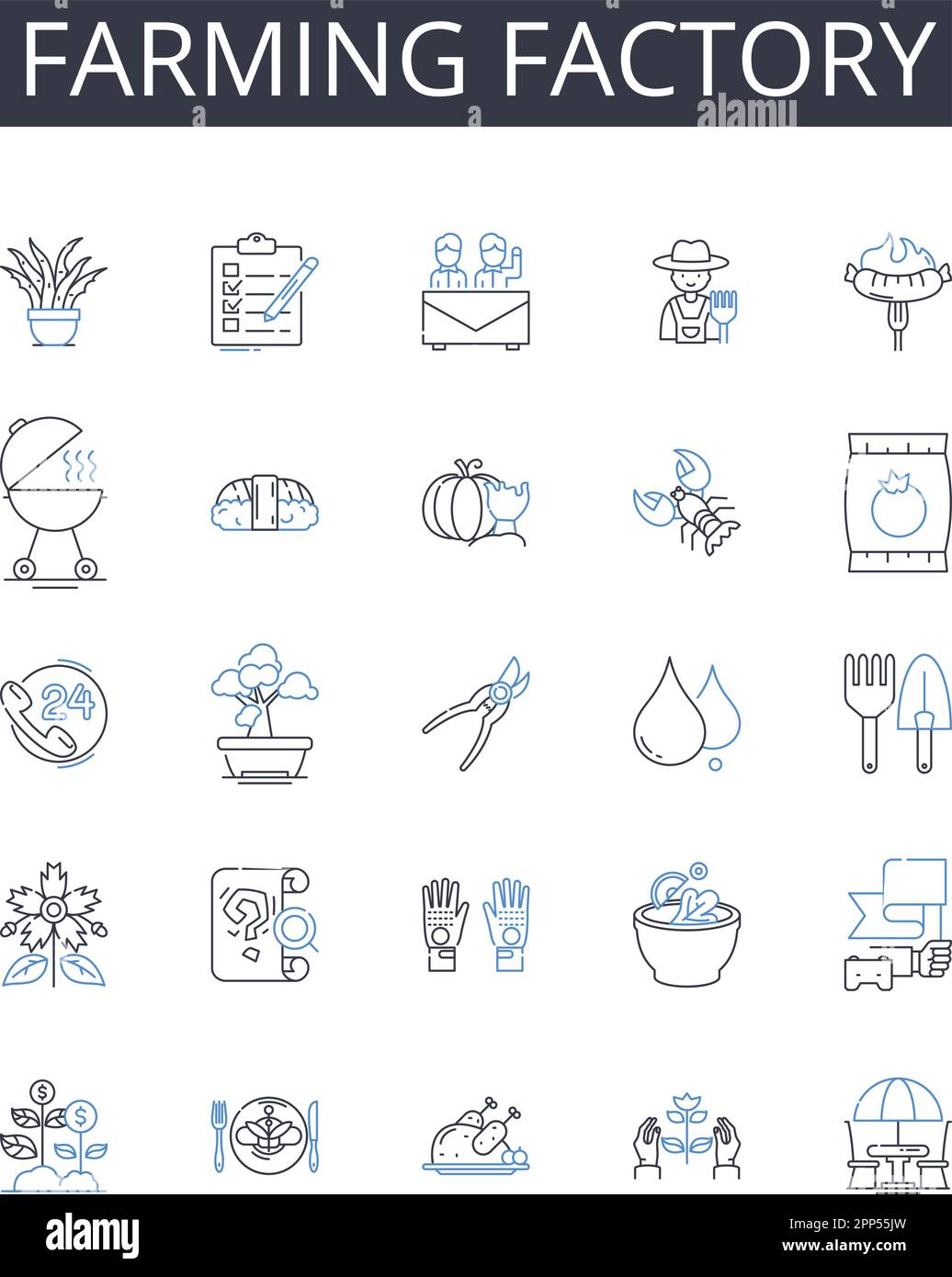 Farming factory line icons collection. Automobile plant, Meat factory ...