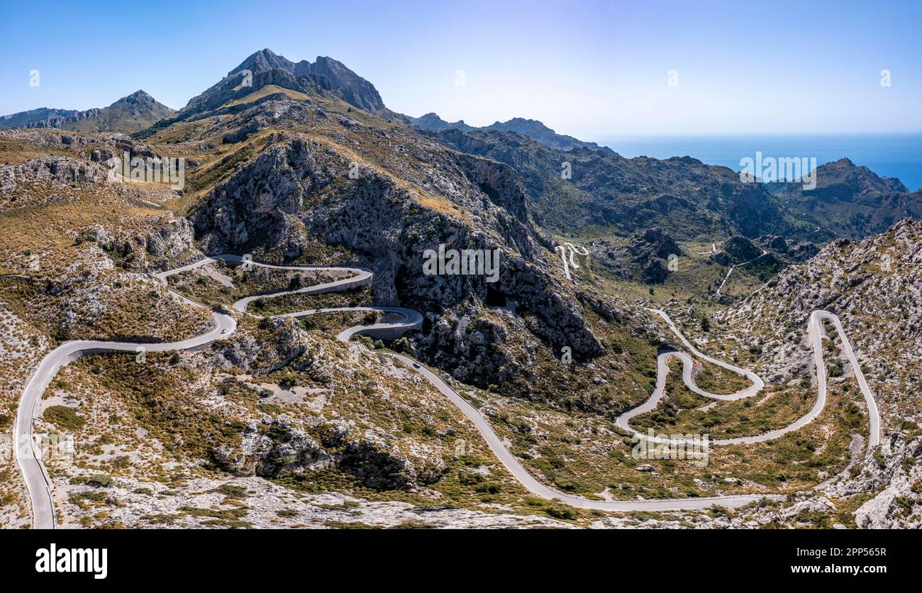Aerial view, mountain pass with switchbacks to Sa Colobra, Serra de ...