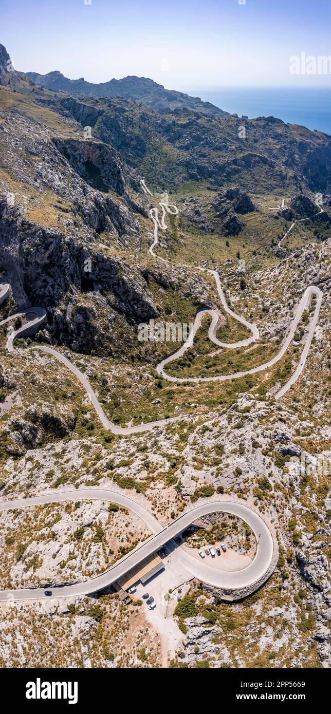 Aerial view, mountain pass with switchbacks to Sa Colobra, road loop ...