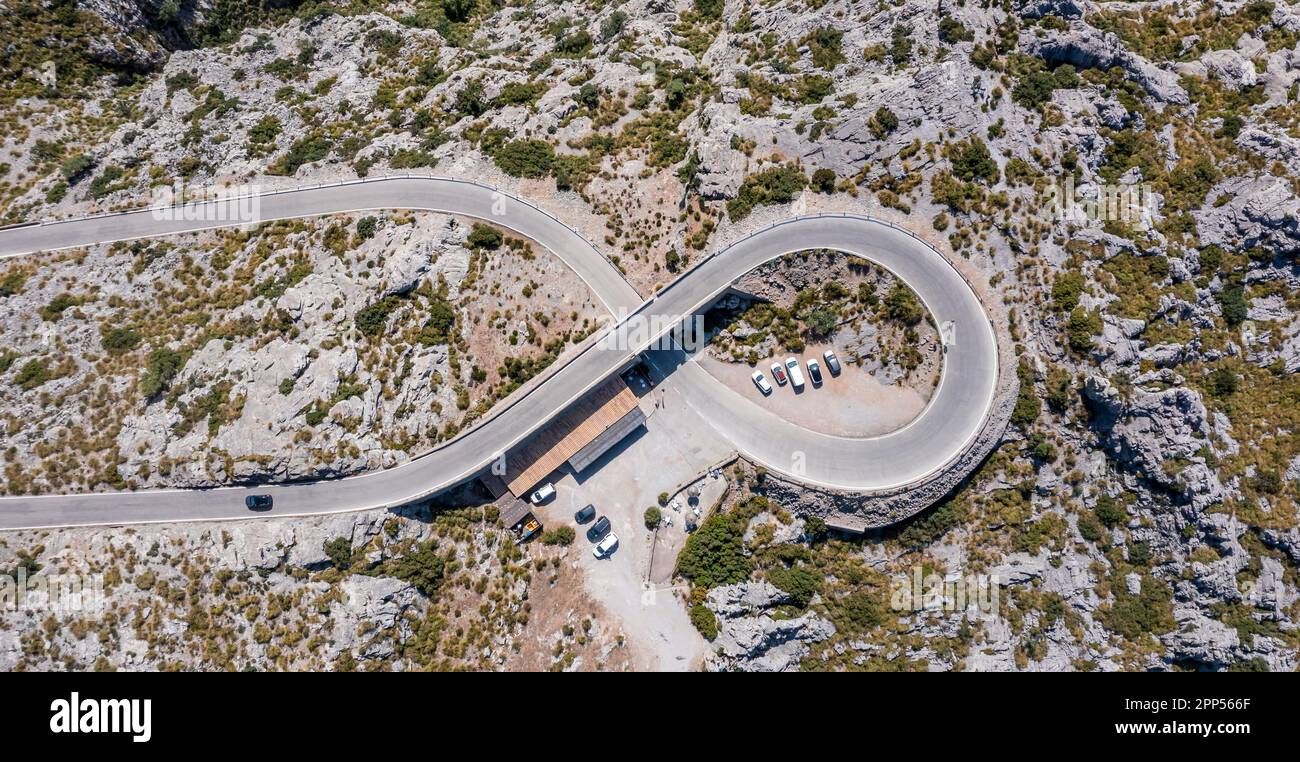 Aerial view, view from above, mountain pass with serpentines to Sa ...