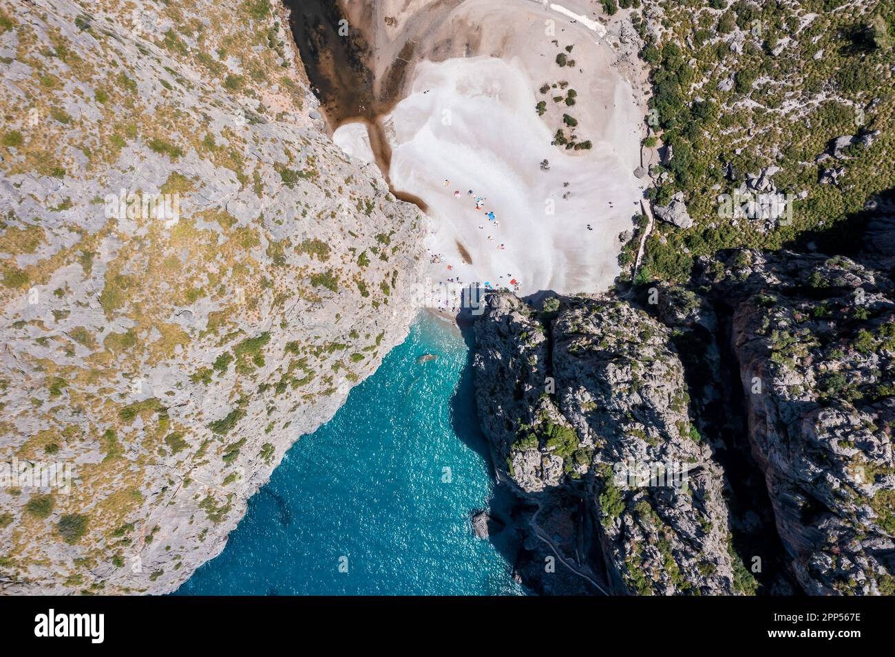 Aerial view, bird's eye view, beach and rocks, Sa Calobra, Majorca ...