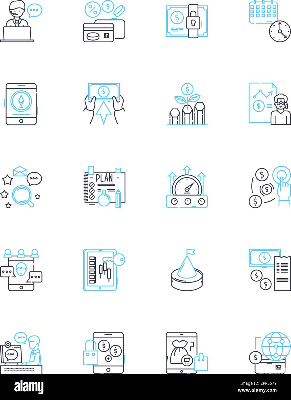 Investment funds linear icons set. Securities, Bonds, Stocks, Dividends ...