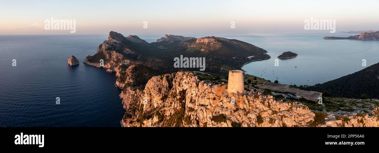 Aerial view, Albercutx watchtower, Talaia d'Albercutx, rocky cliffs and ...
