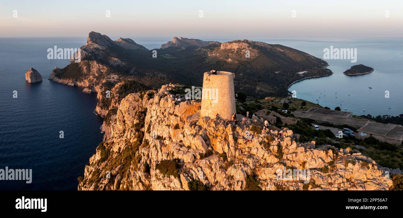 Aerial view, Albercutx watchtower, Talaia d'Albercutx, rocky cliffs and ...